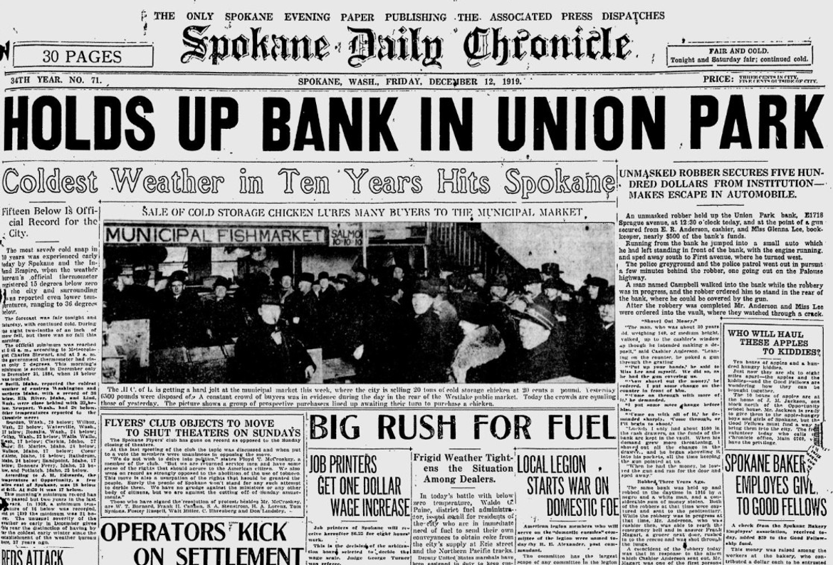 100 years ago in Spokane: Bank robber escapes in auto; coal shortage ...