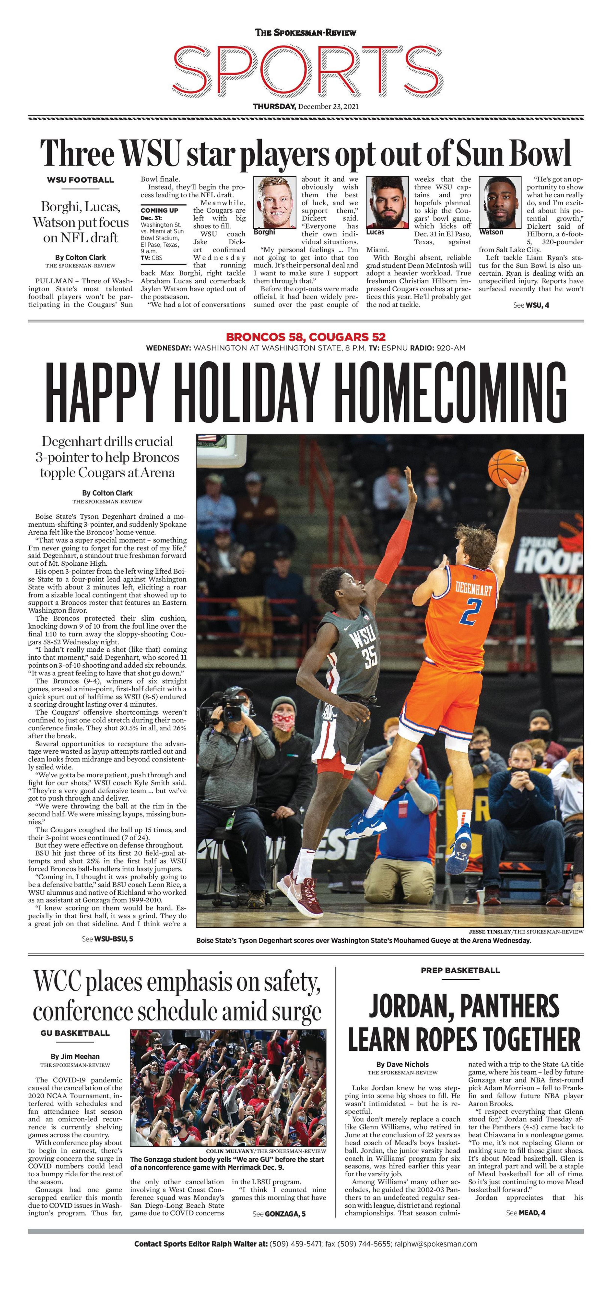 Sports Front Page for Dec. 23, 2021 | The Spokesman-Review