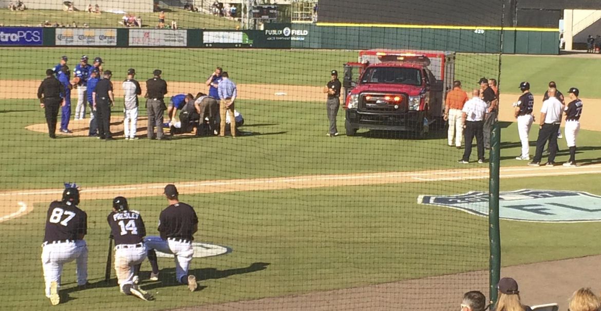 Blue Jays pitcher T.J. House leaves in ambulance after taking liner off ...