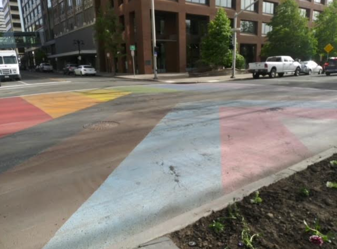 Downtown Spokane rainbow intersection defaced again, this time with fire