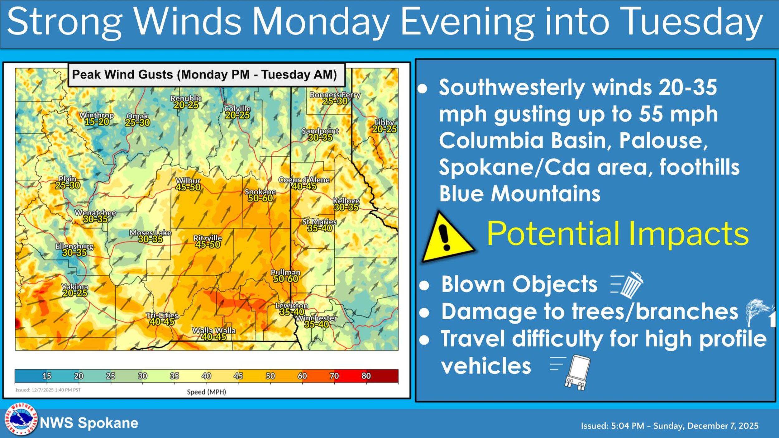 Strong winds expected for Spokane area Monday night