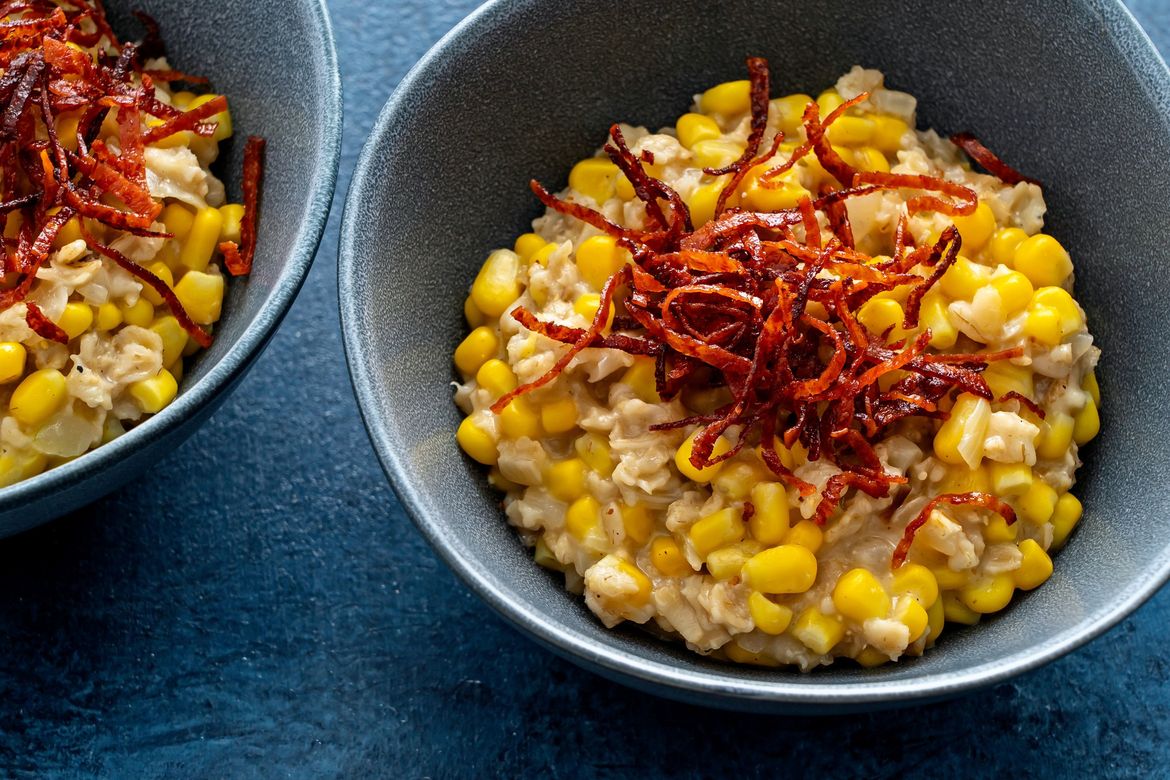 Savory oatmeal shines with corn, cheese and crispy pepperoni