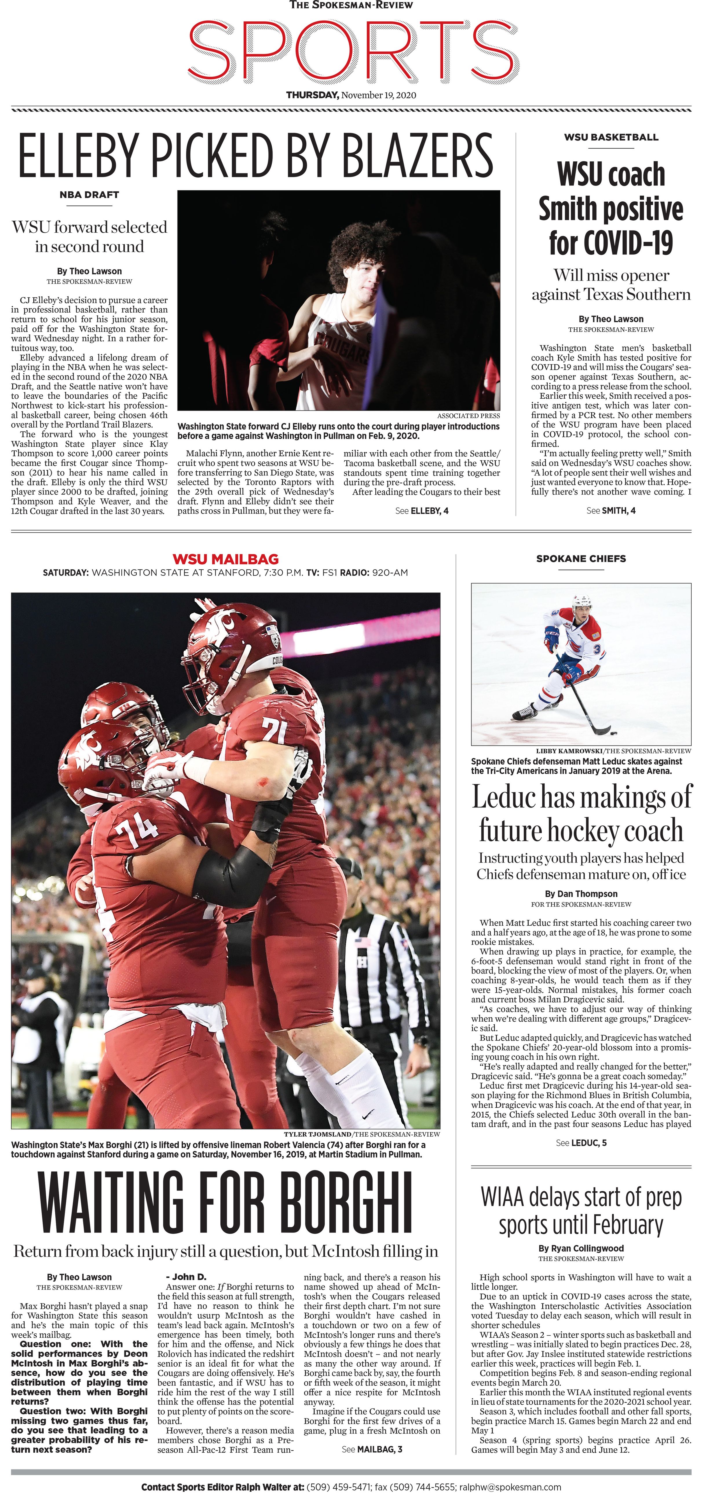 Sports Front Page for Nov. 19, 2020 | The Spokesman-Review