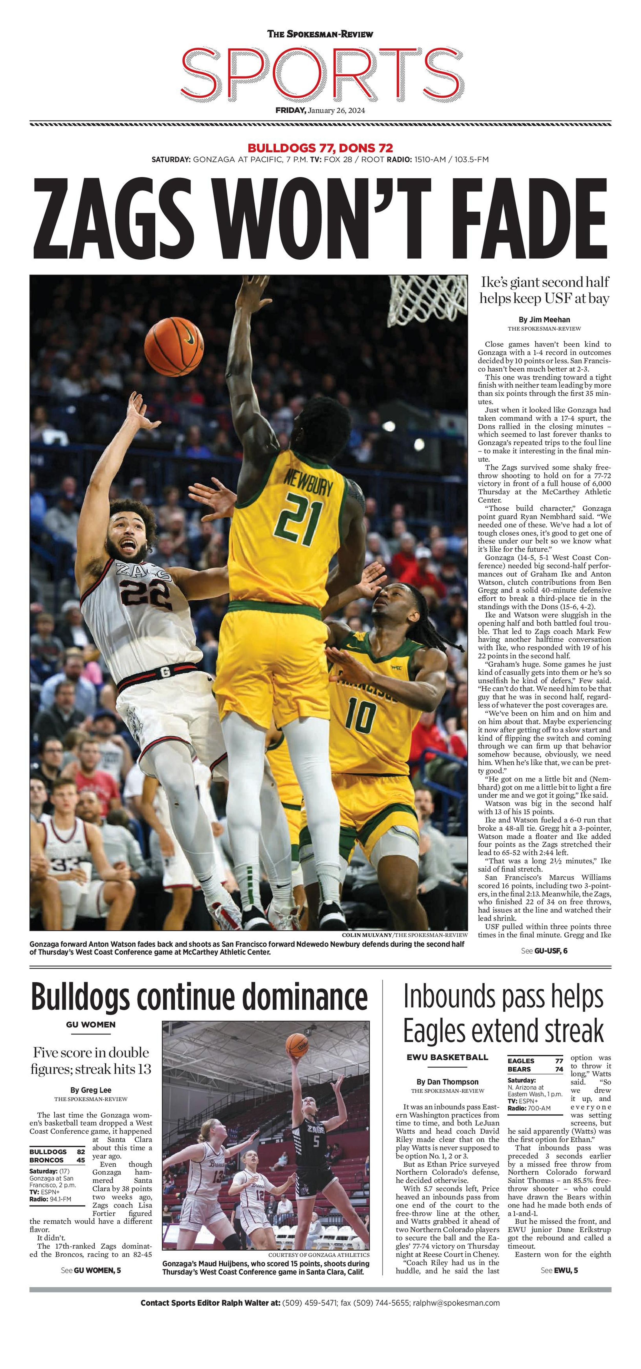 Sports Front Page for Jan. 26, 2024 | The Spokesman-Review